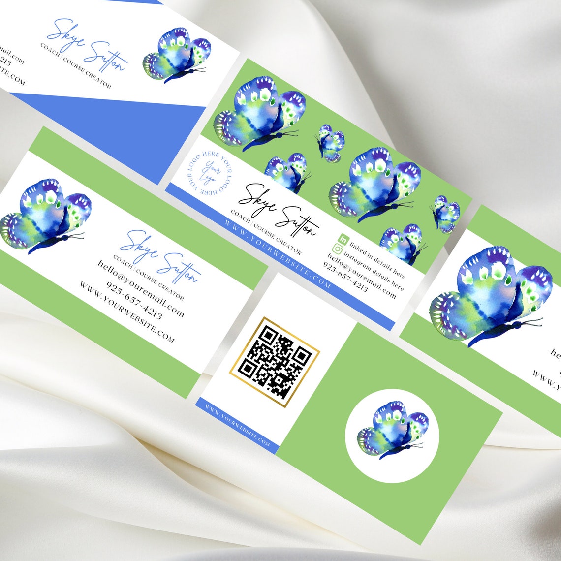 Business Card Template Butterfly, QR Code Business Card, Blue and Green ...
