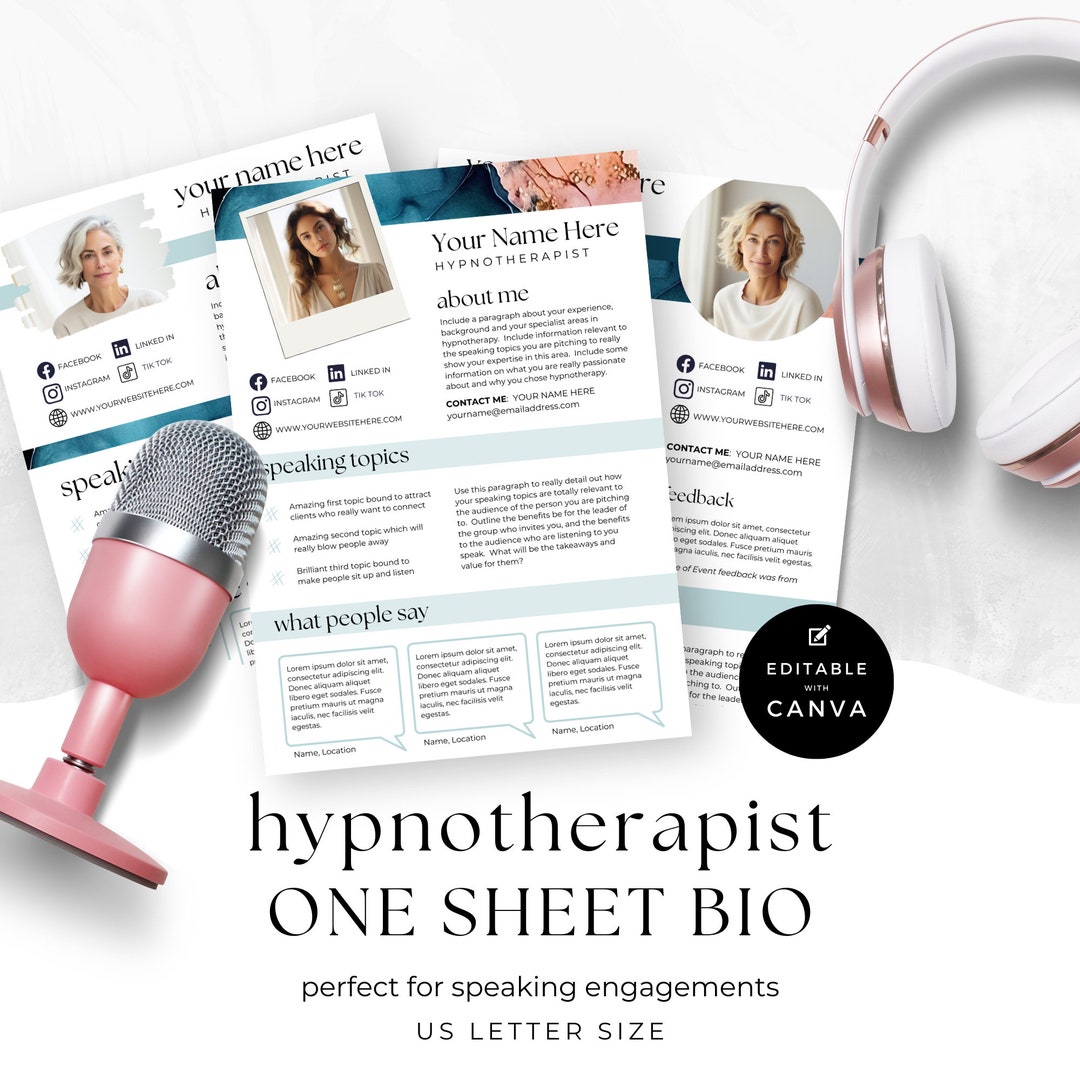 One Sheet Bio Speaker Sheet Hypnotherapist Profile Canva Template FB ...