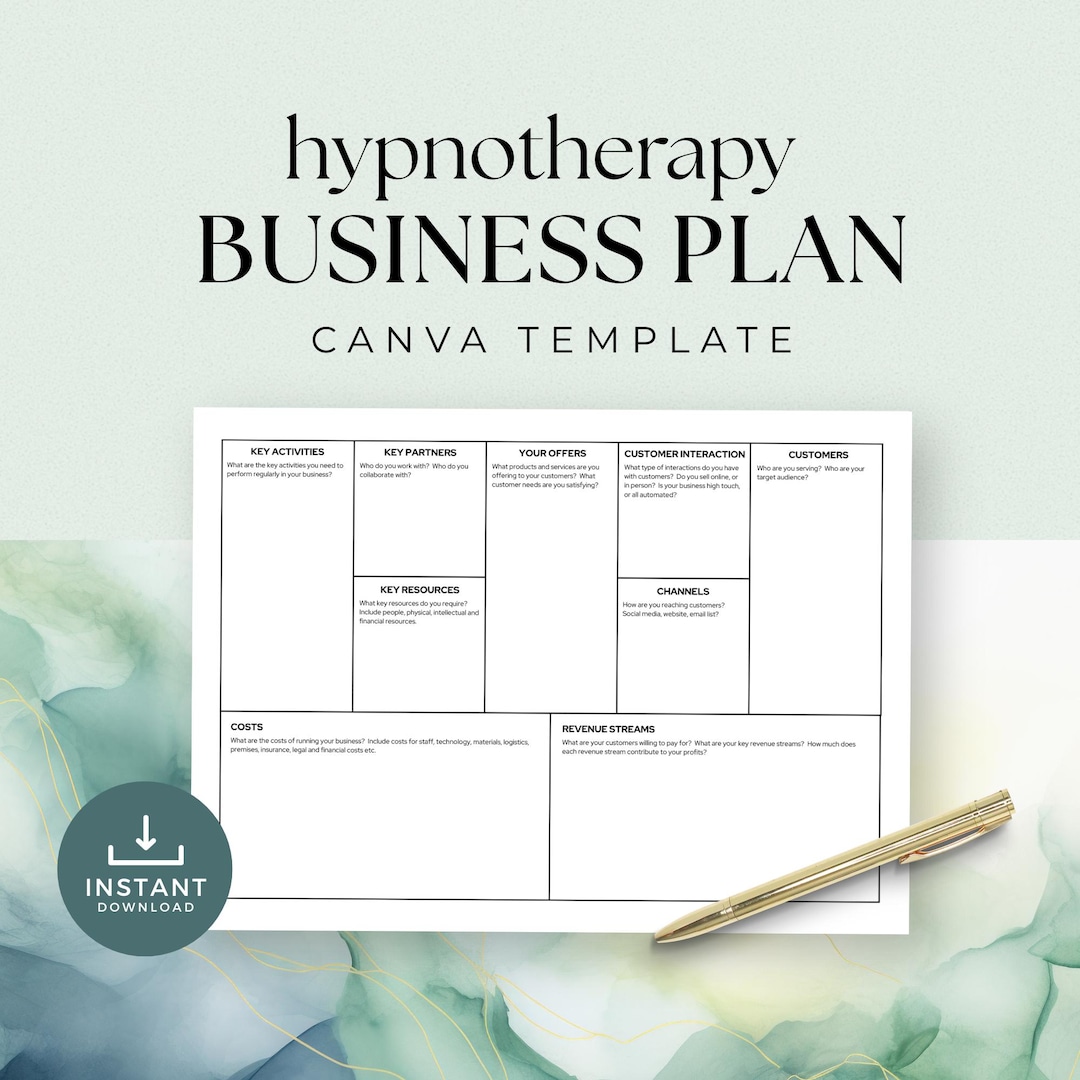 Business Planning Template for Hypnotherapist One Page Business Canvas ...