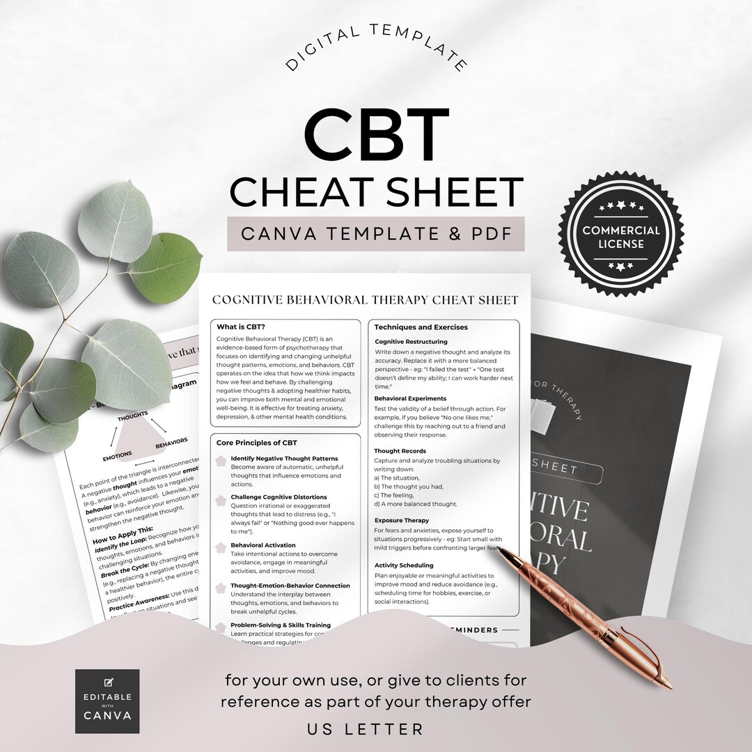 CBT Cheat Sheet Canva Template Cognitive Behavioral Therapy Client Handout Cheatsheet Therapist ...
