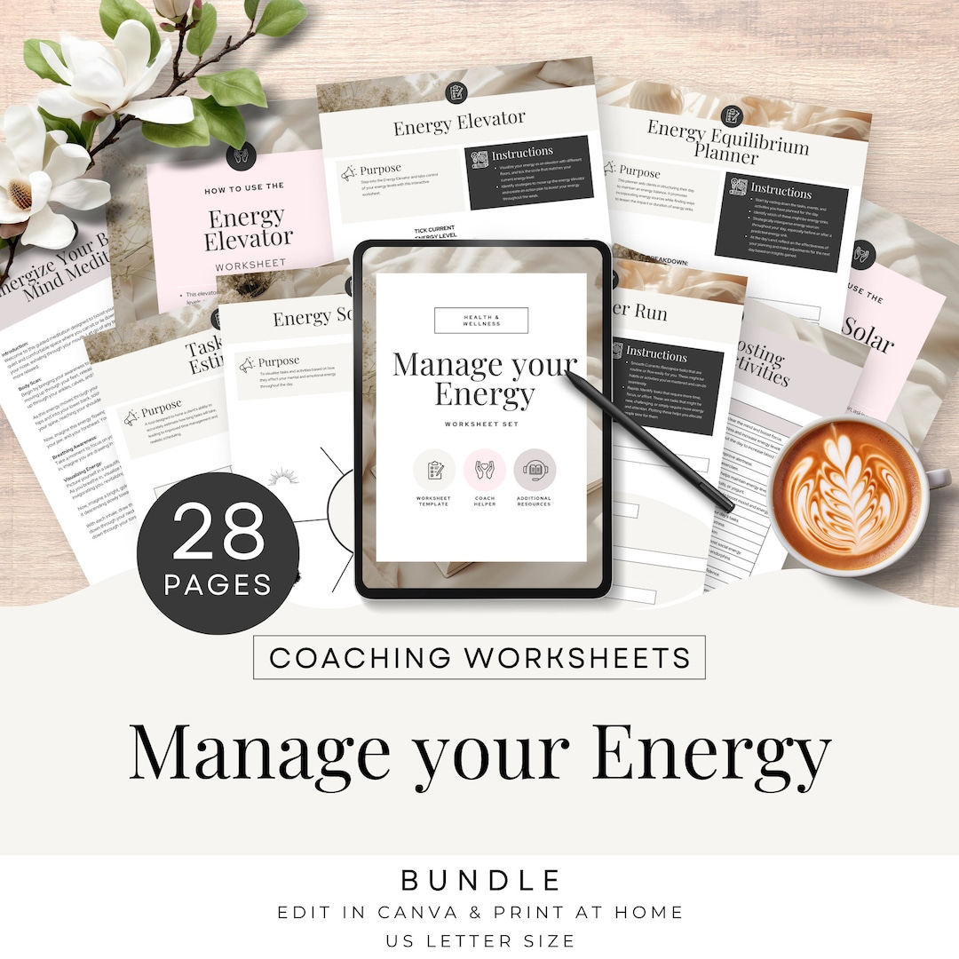 Manage Your Energy Worksheet Bundle, Life Coaching Therapy Tools, Time ...