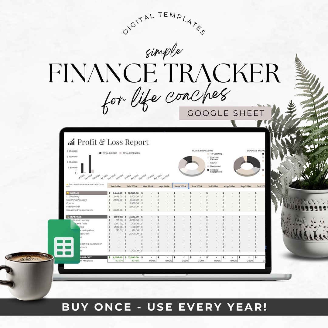 Simple Finance Tracker Google Sheet for Life Coaches, Profit and Loss ...