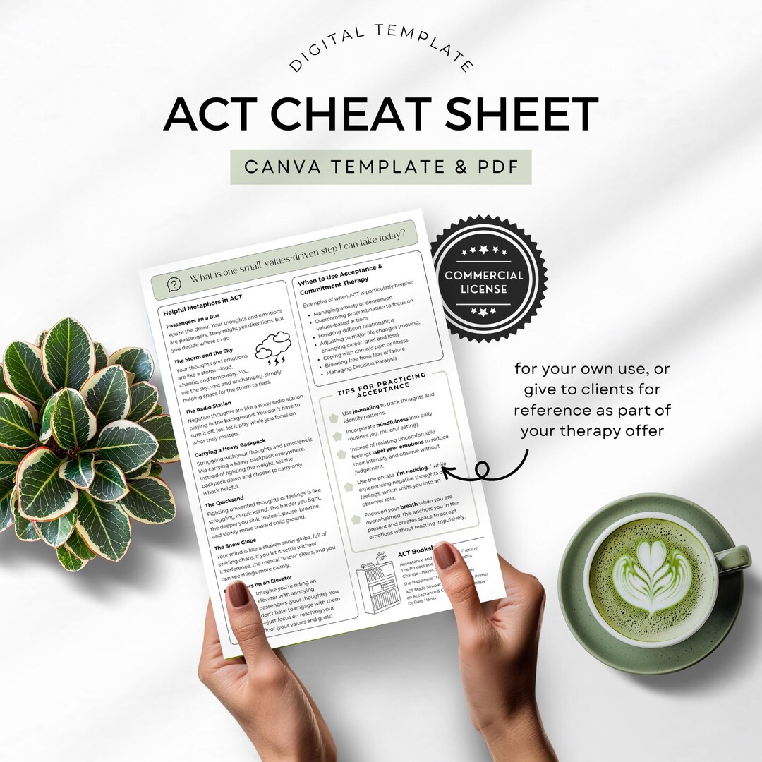 ACT Cheat Sheet Acceptance Commitment Therapy Client Handout Solution ...