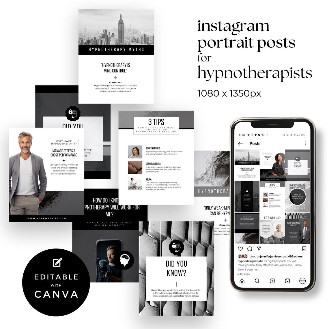 Hypnotherapy Insta Posts Canva Template Hypnotherapist Instagram IG ...