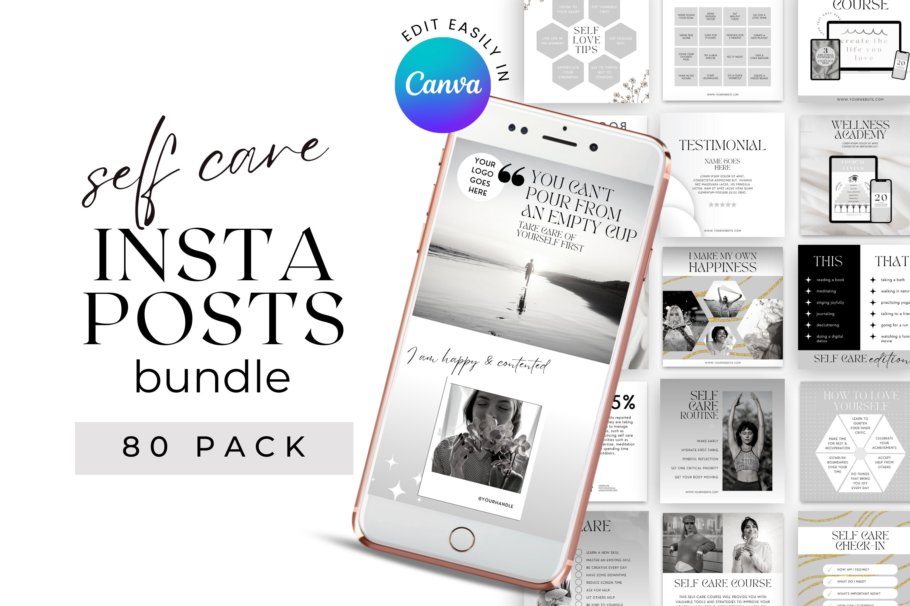Self Care Insta Posts, Canva Template for Coaches Course Creators Therapists, IG Feed Social ...