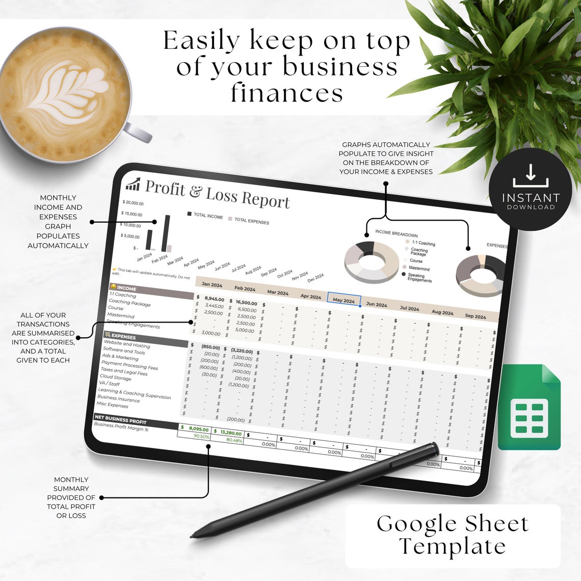 Simple Finance Tracker Google Sheet for Life Coaches, Profit and Loss ...