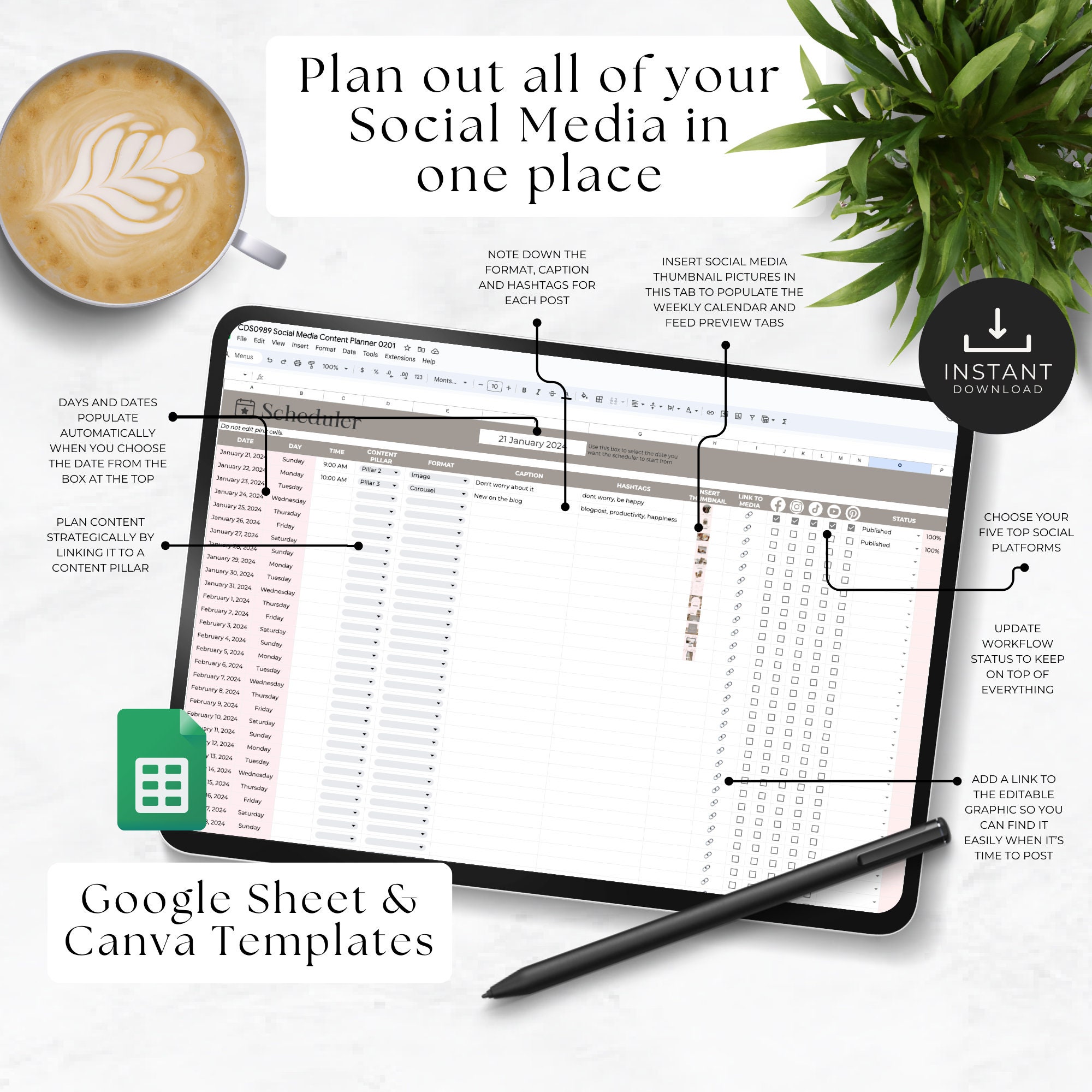 Instagram Content Calendar Google Sheets With Feed Preview, Social ...
