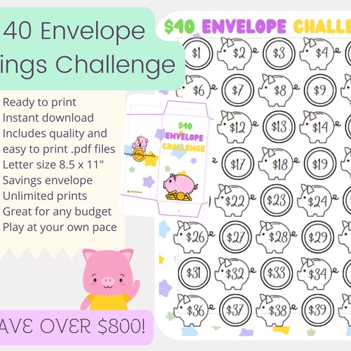 40 Envelope Piggy Cash Savings Tracker Mini Game Play Saving - Etsy