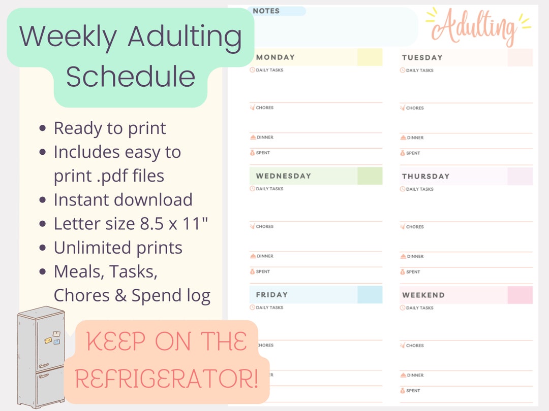 WEEKLY Adulting Schedule Tracker Meal Chores Daily Tasks - Etsy