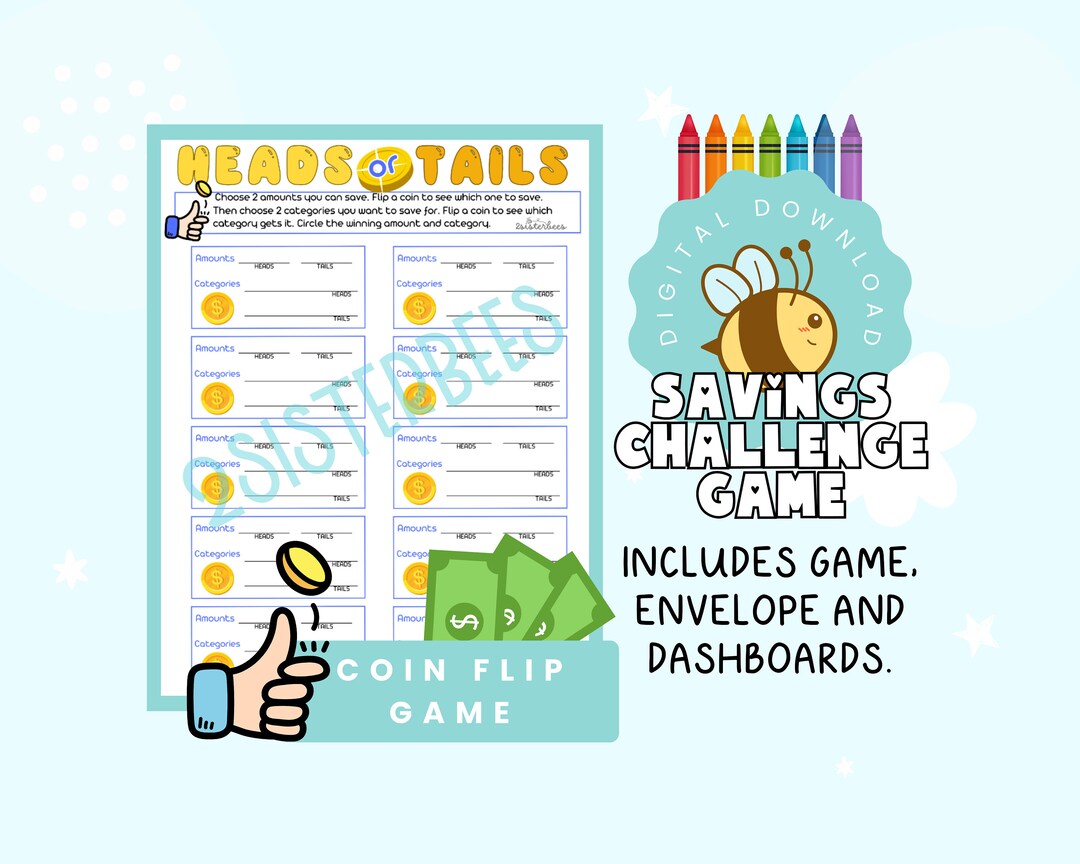 HEADS or TAILS Coin Savings Tracker Mini Game Play & SAVE Cash Envelope ...