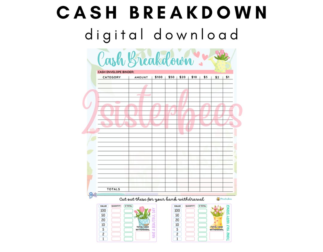 Spring Cash Envelope Breakdown Denominations Planner | Bank Teller ...