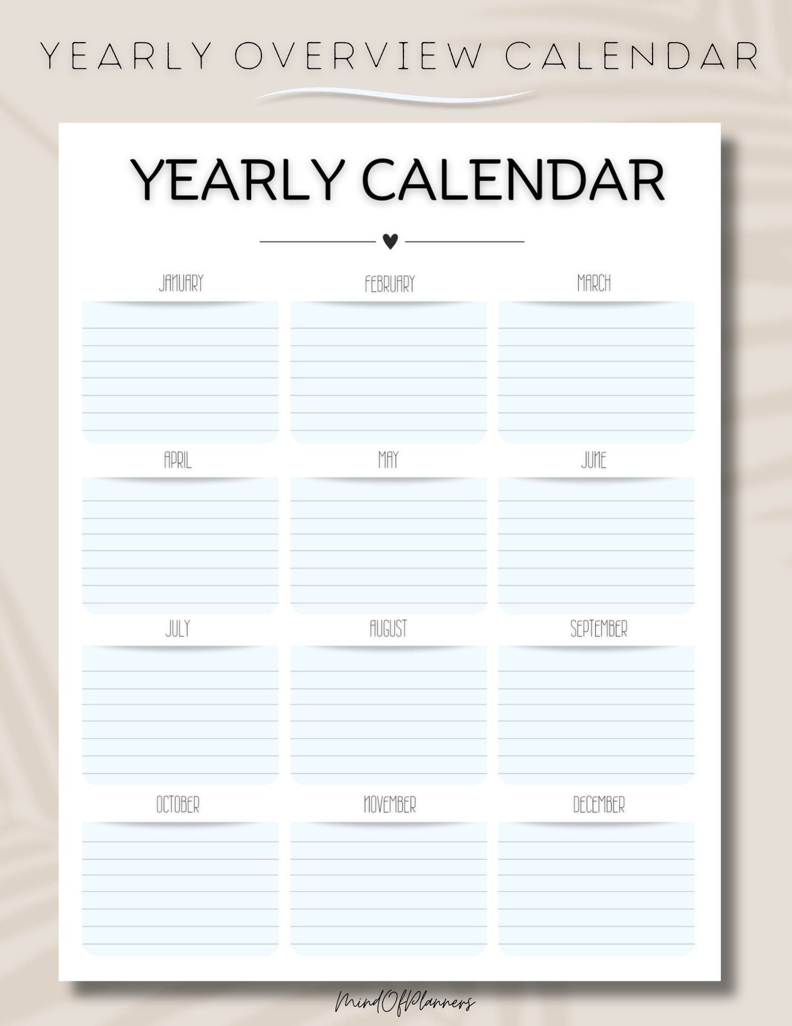 Yearly Planner, Yearly Calendar, Lined Yearly Calendar, Yearly Overview ...