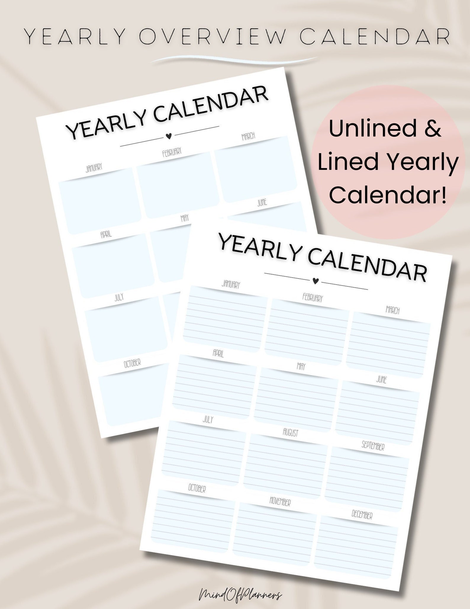 Yearly Planner, Yearly Calendar, Lined Yearly Calendar, Yearly Overview ...