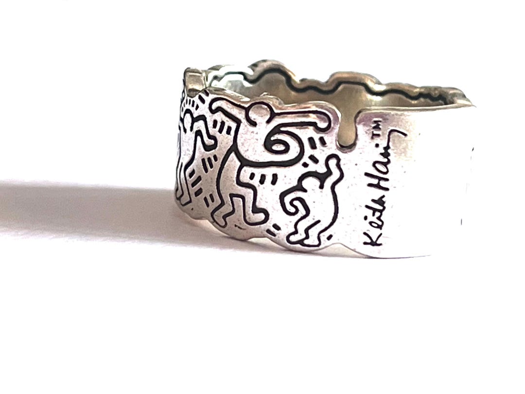 Beautiful Ring With Drawings by Keith Haring, Size 9 20mm in Silver - Etsy