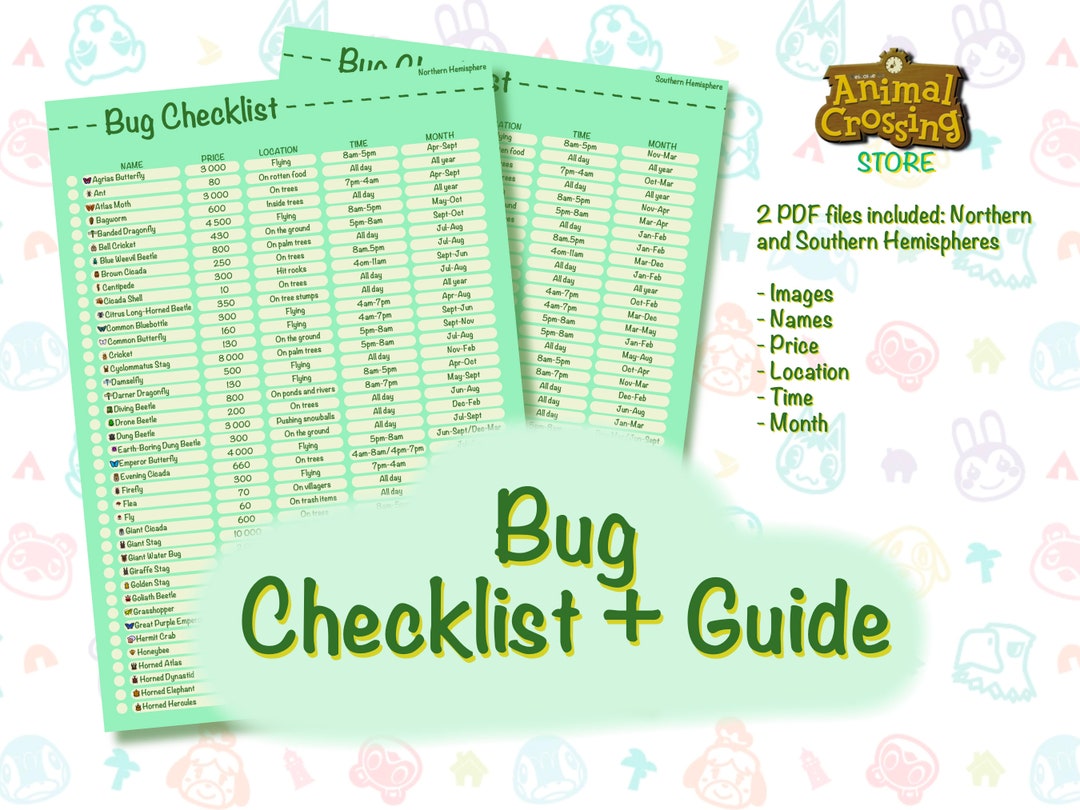 Animal Crossing Bug Checklist/ Northern and Southern Hemisphere/ Animal Crossing New Horizons ...