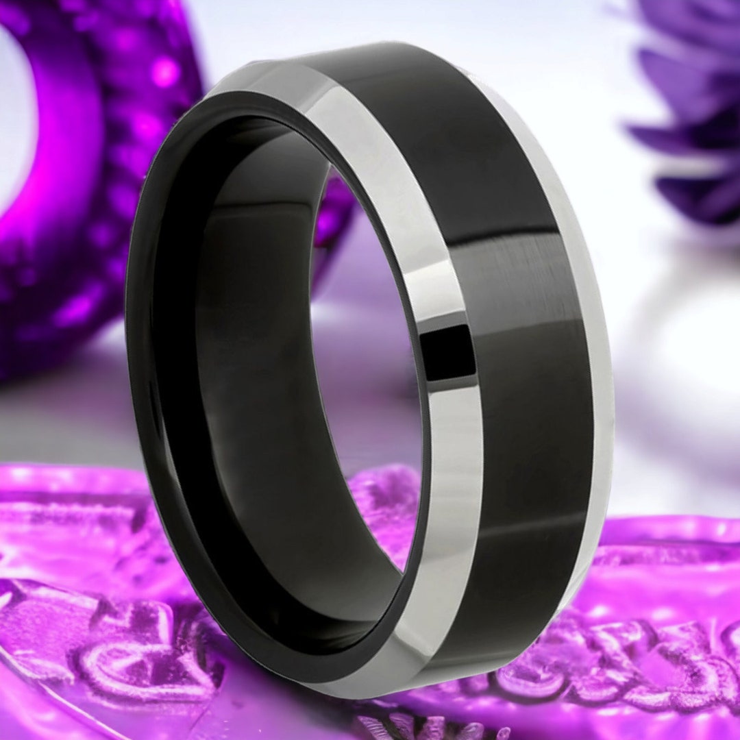 High Polished Silver Beveled Edges Proposal Ring, Domed Black Tungsten ...