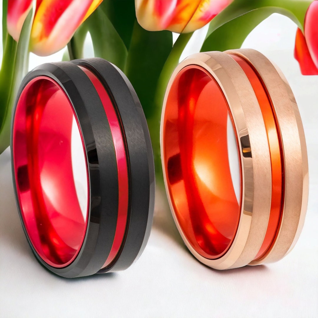 8mm Red and Black Ring Combined Matte Finish Beveled Grooved Wedding ...
