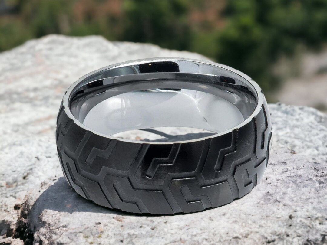 Black Motorcycle Tire Wedding Ring, Black Wedding Band, Engraved Ring ...