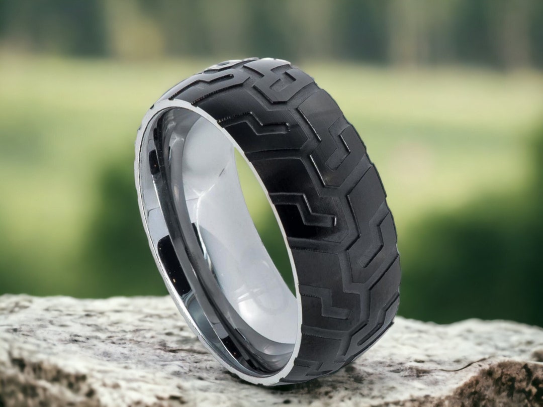 Black Tungsten Tire Design Ring, Engraved Ring, Sleek Wedding Band ...