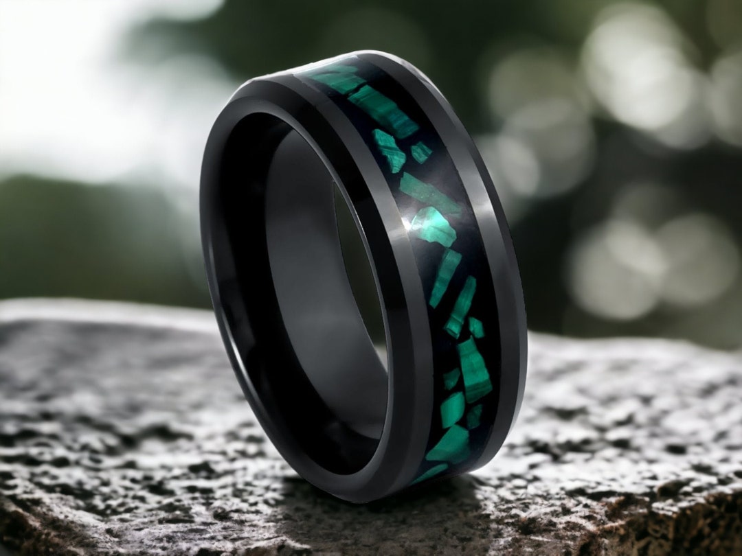 Men's Tungsten Engraved Ring Comfort Fit Malachite Fragments Inlay ...