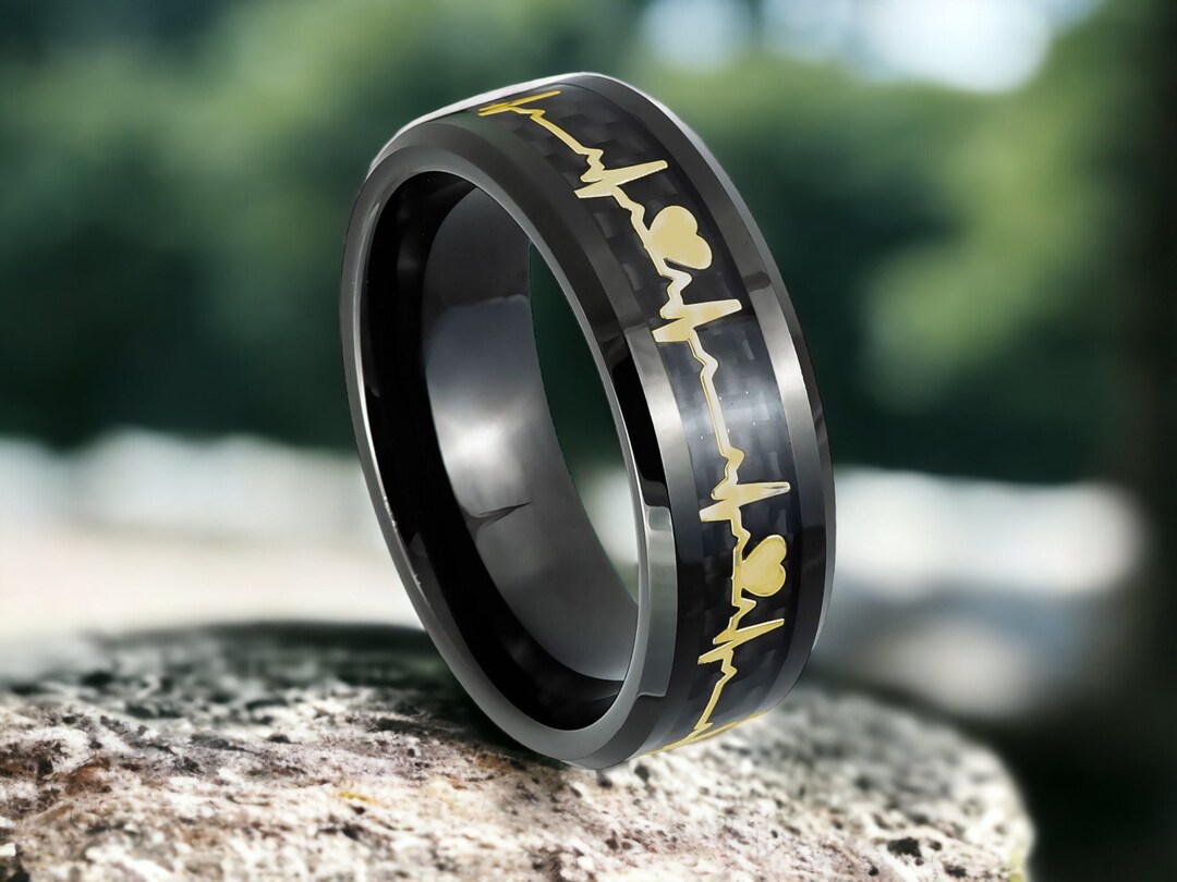 Heartbeat Pattern Inlay Wedding Ring, Black Wedding Band, Engraved Ring ...
