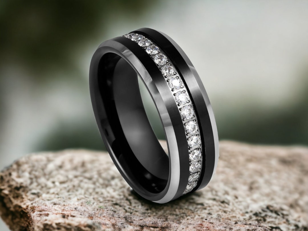 Men's Diamond Eternity Ring Black Tungsten Wedding Band - Etsy