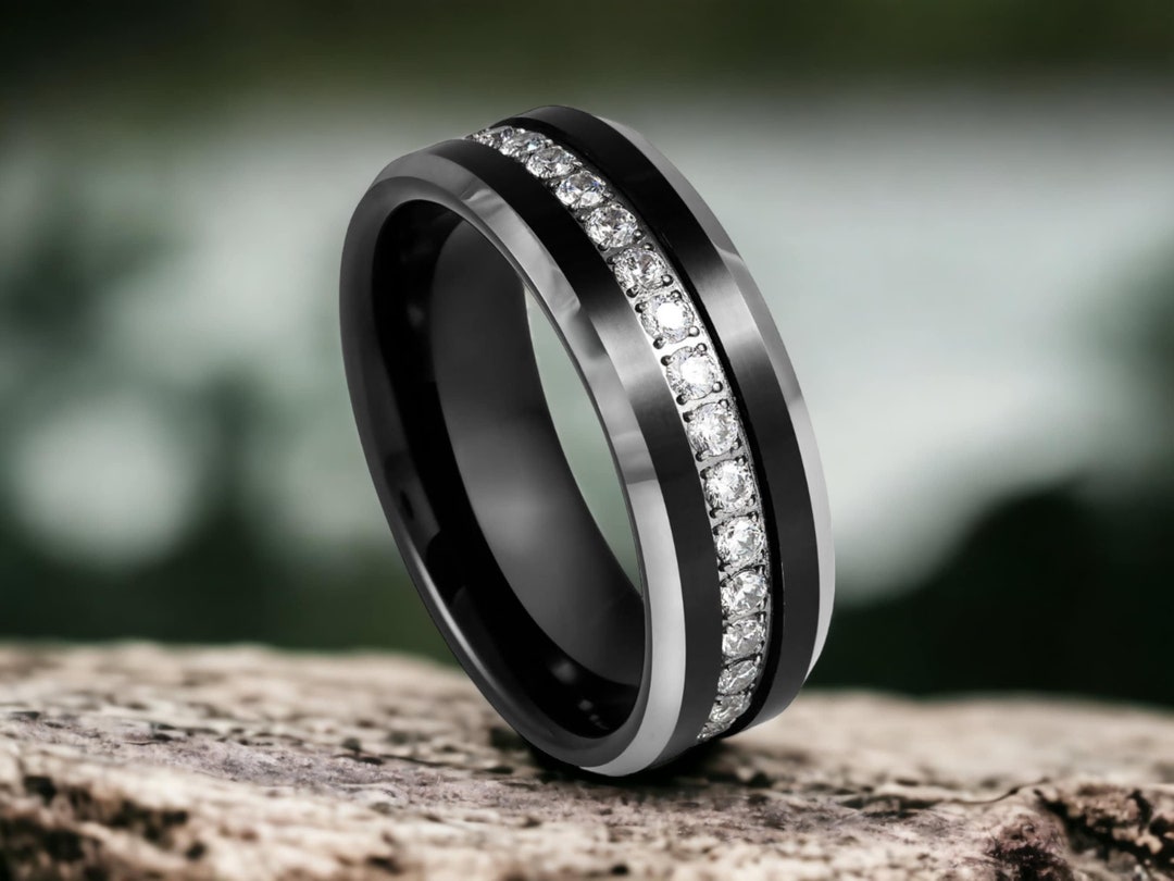 Men's Diamond Eternity Ring Black Tungsten Wedding Band Promise Ring ...