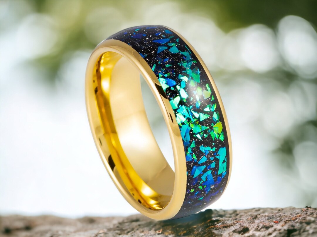 Opal & Abalone Fragments Inlay Tungsten Wedding Ring Custom Engraved ...