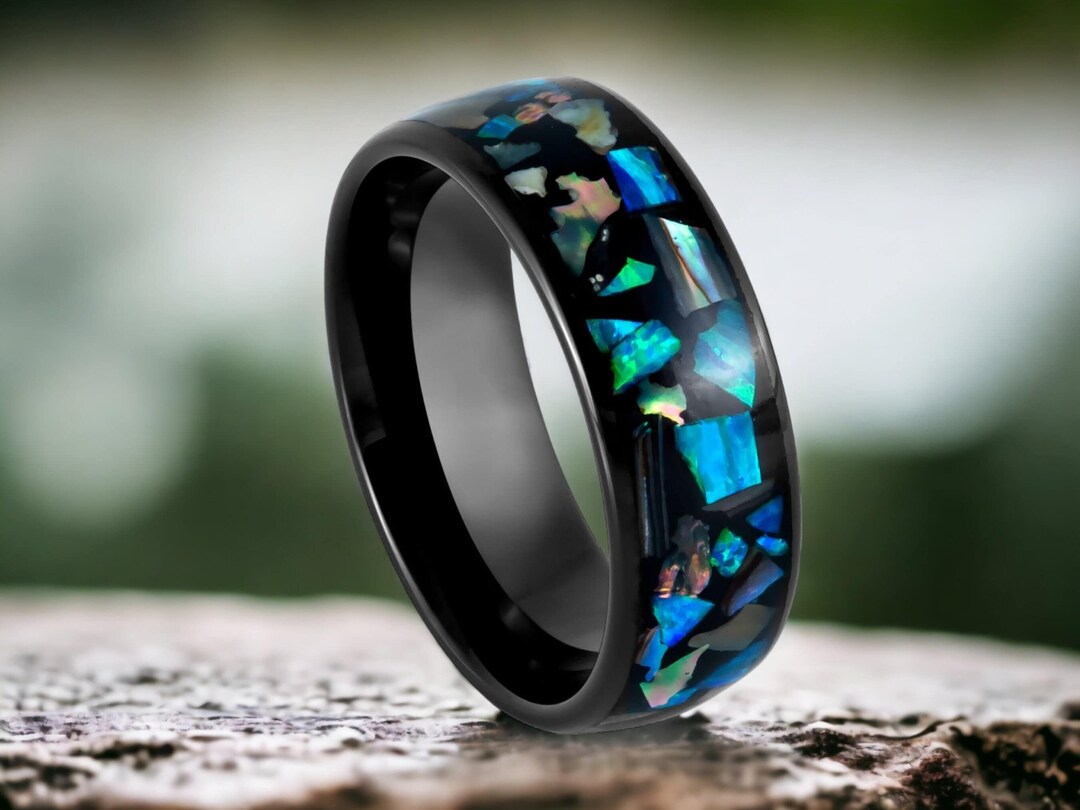 Black Tungsten Black Resin & Abalone Shell Fragment Inlay Mens Womens ...