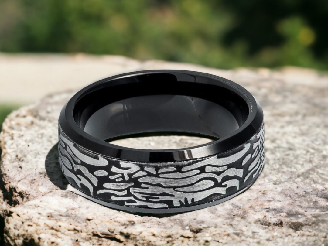 Tungsten Ring, Black IP Ring With Laser Carved Rock Art Pattern ...