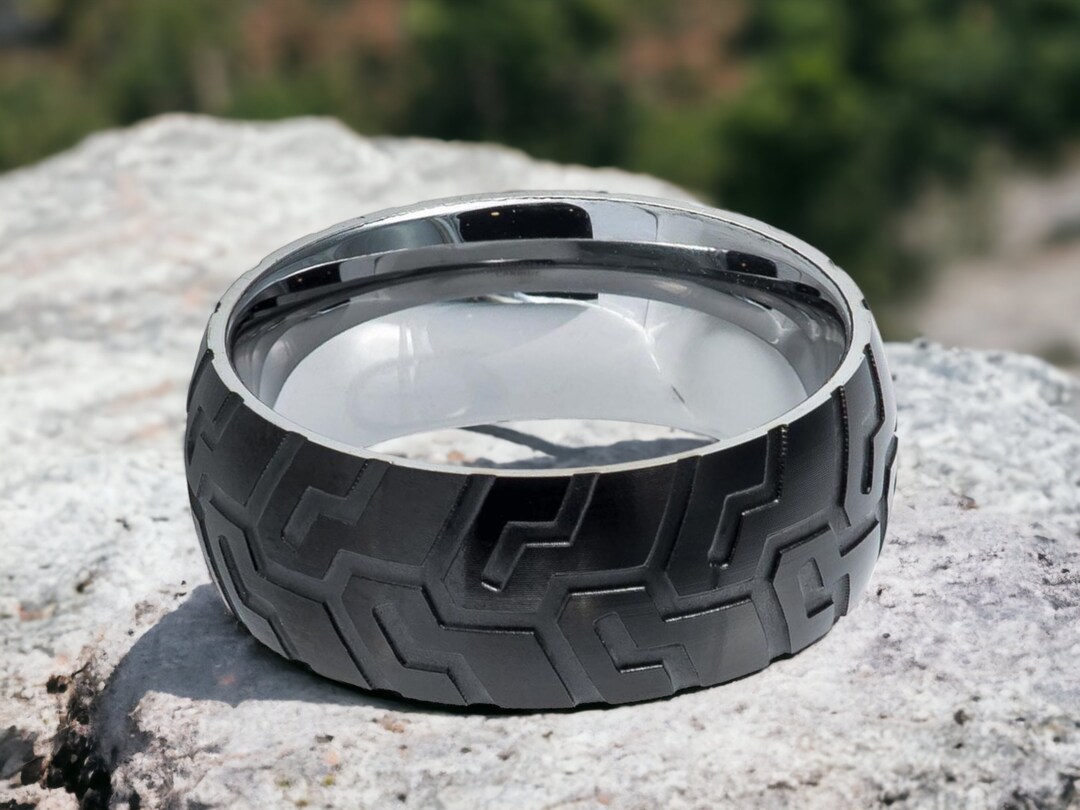 Men's Semi Dome Men's Bands, Tire Tread Ring, Carbide Ring, Black ...