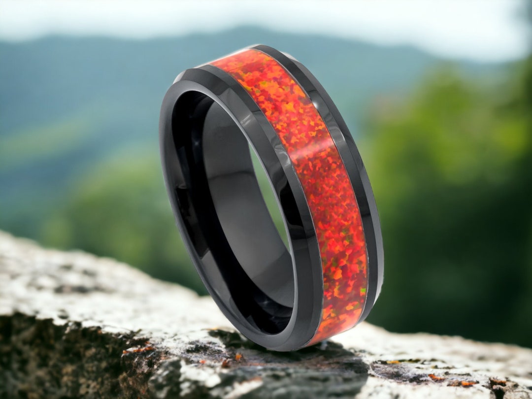 His and Hers Wedding Ring, Opal Rings, Tungsten Wedding Band With Red ...