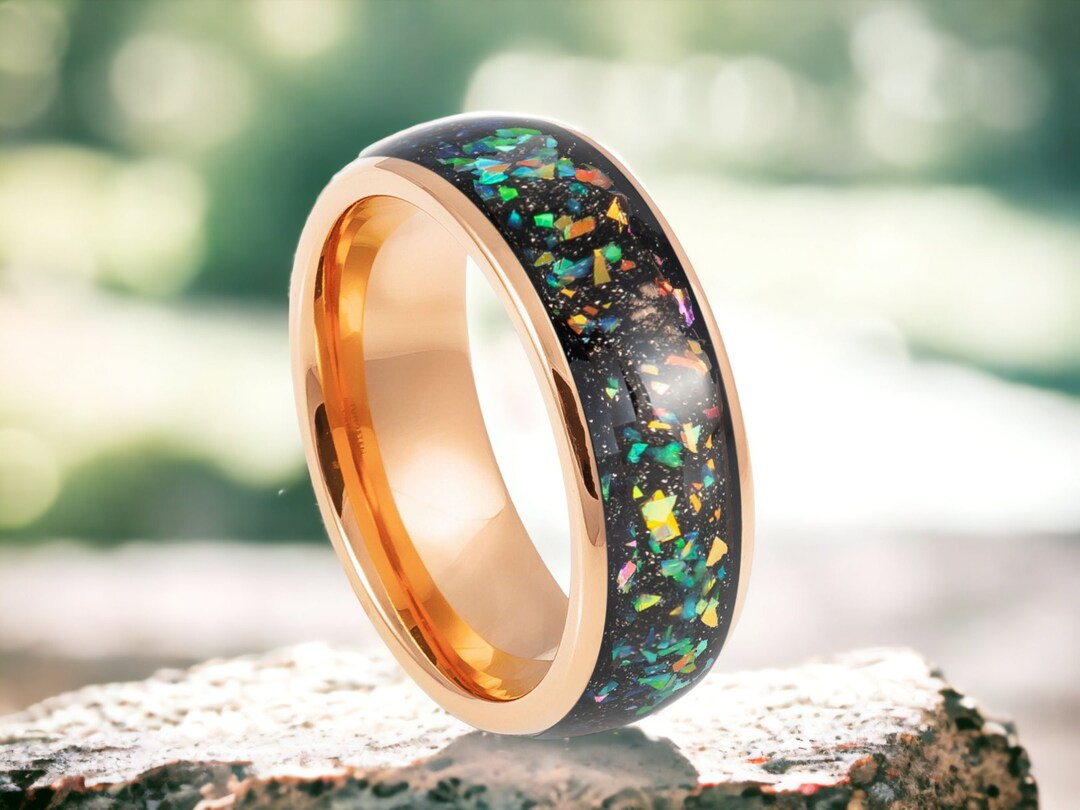 Abalone Wedding Ring, Rose Gold Plated Tungsten Bands, Opal & Abalone ...