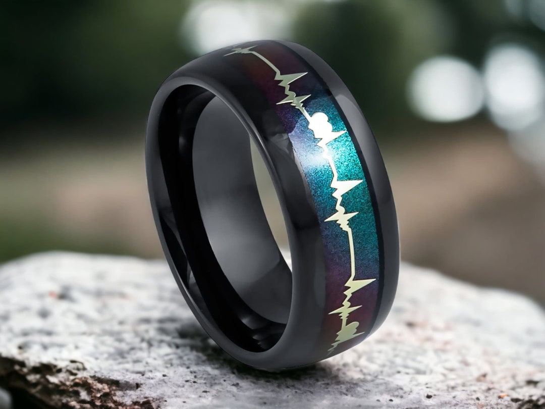 Unique Rainbow Gradient Color EKG Lifeline Design Tungsten Ring ...
