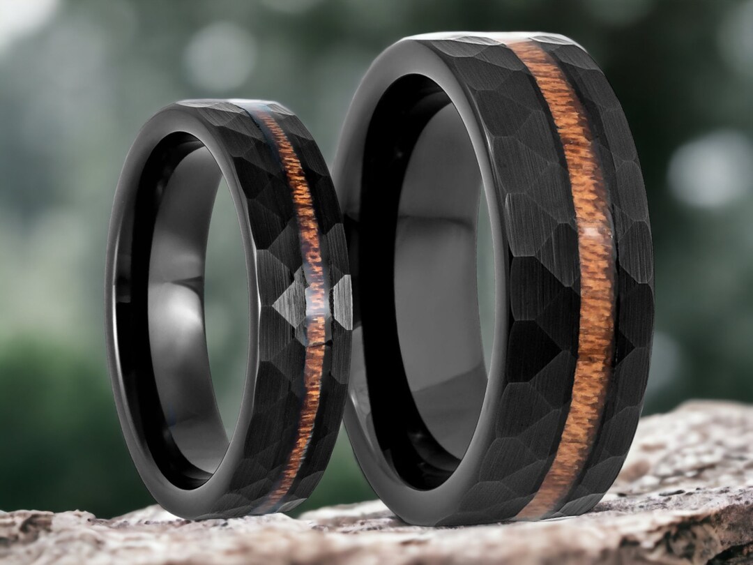 Hawaiian Koa Wood Inlay Wedding Band Lack Hammered Finish - Etsy
