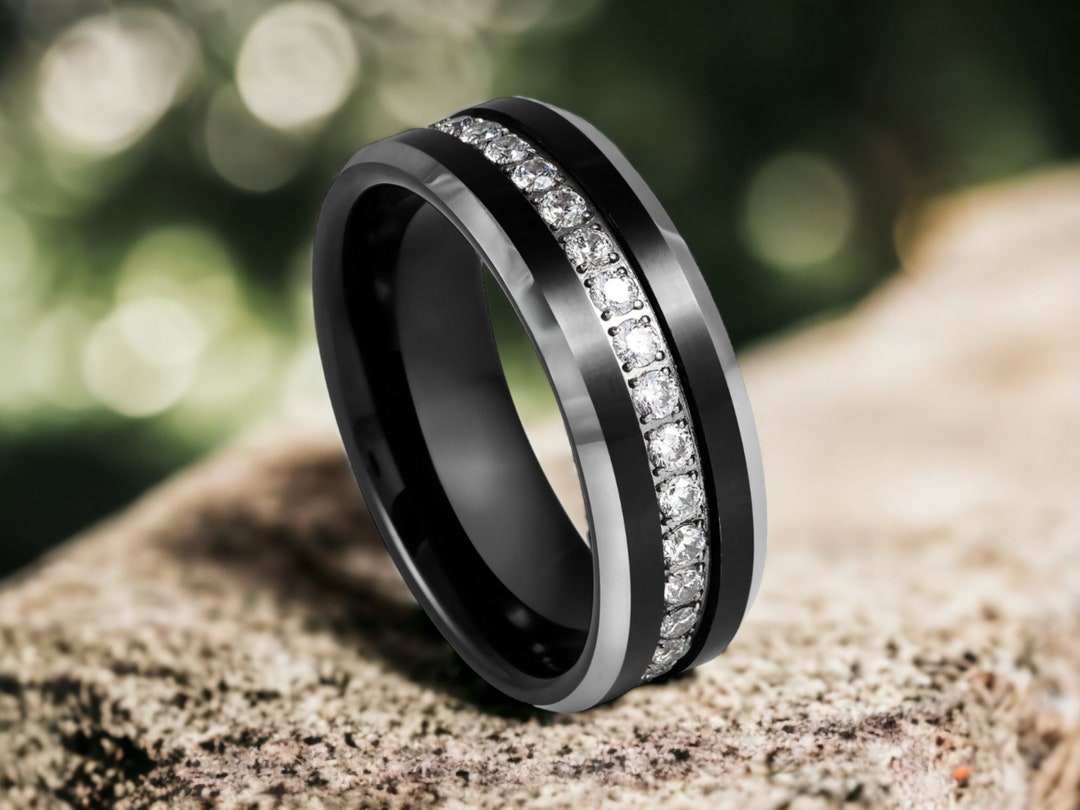 Men's Diamond Eternity Ring Black Tungsten Wedding Band Promise Ring ...