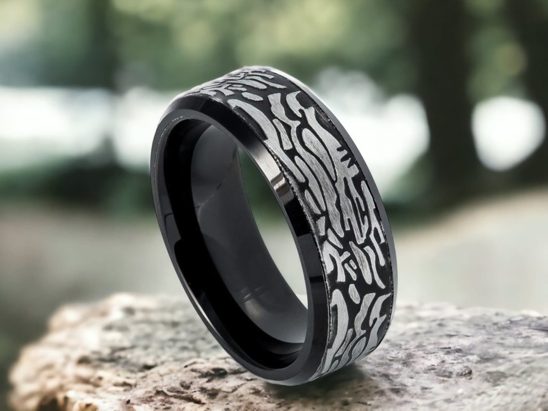 Black Ring With Laser Carved Rock Art Pattern Tungsten Ring, Wedding ...
