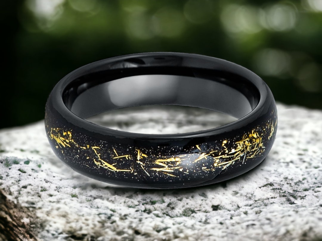 Gold Meteorite Inlay Ring, Anniversary Gift, Black Tungsten Couples ...