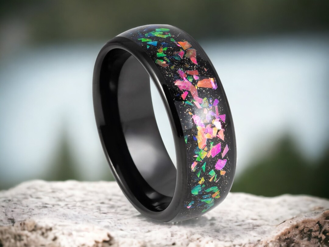 Crushed Opal Inlay Engagement Ring, Men's Women's Ring, Domed Black ...