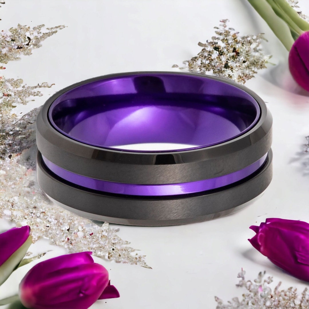 Purple Tungsten Wedding Ring, Black Tungsten Wedding Band Ring for Men ...