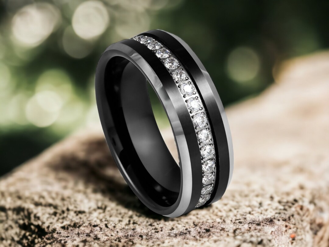 Men's Diamond Eternity Ring Black Tungsten Wedding Band Promise Ring ...