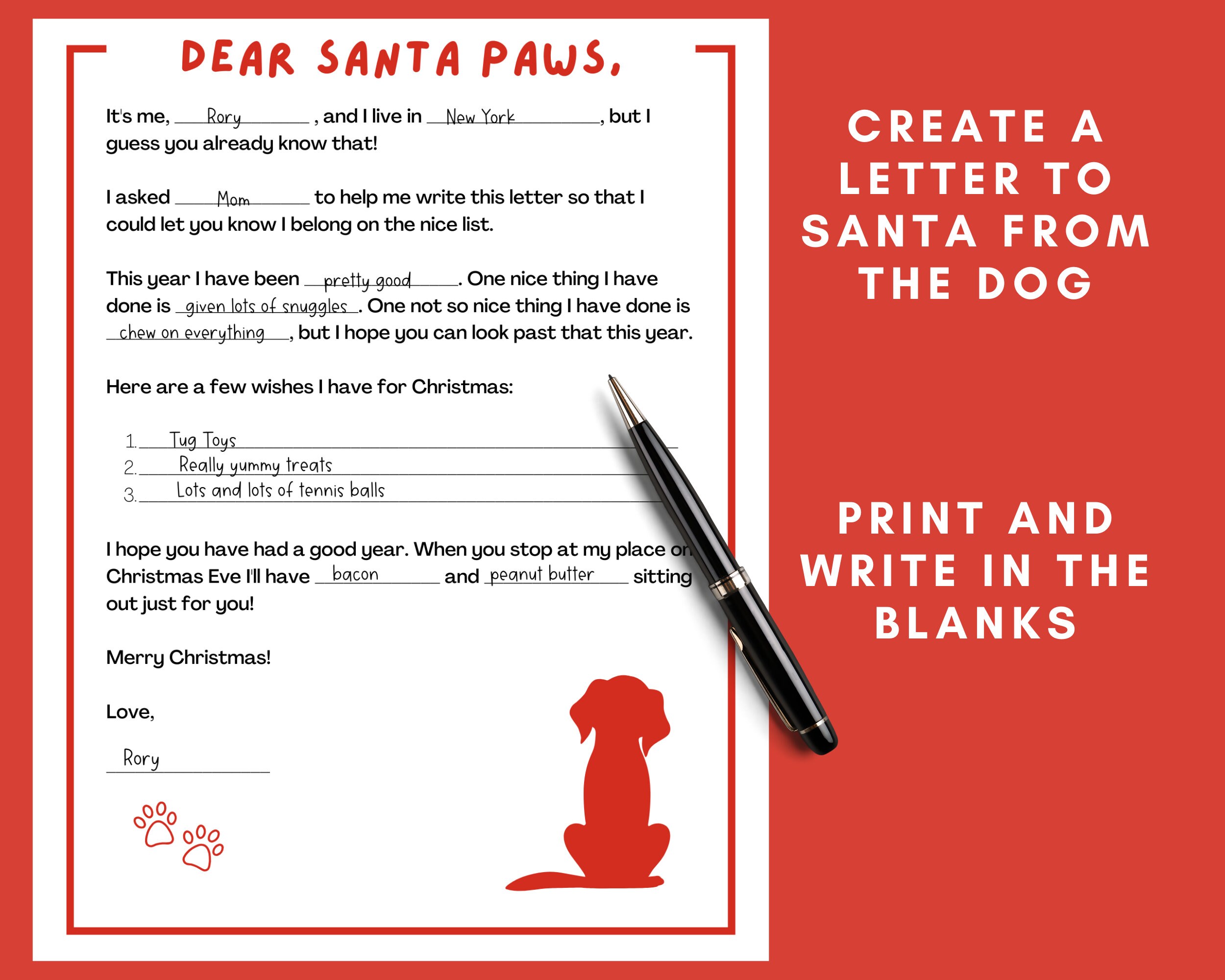 Letter to Santa Paws From Dog Pet Christmas Keepsake Easy Printable ...