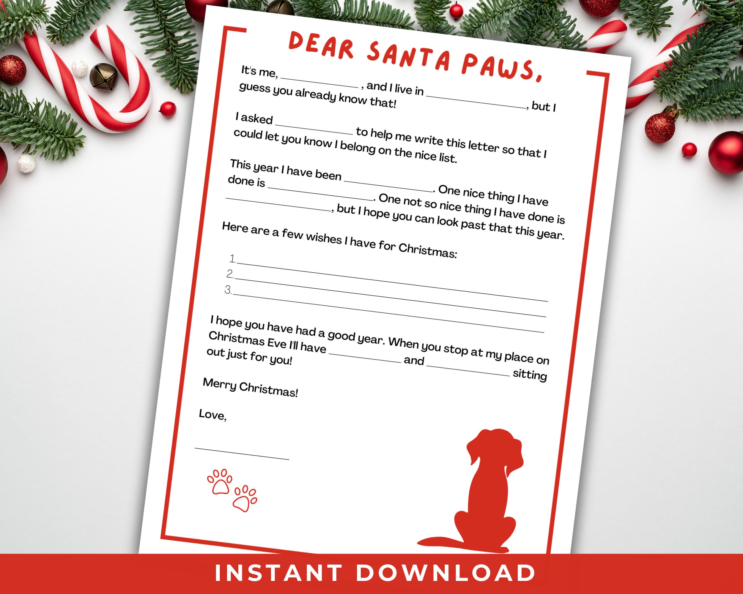 Letter to Santa Paws From Dog Pet Christmas Keepsake Easy Printable ...