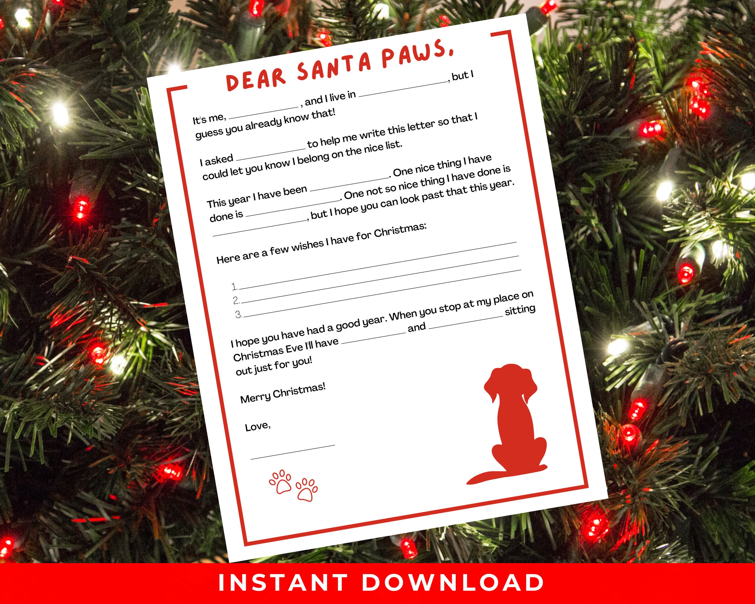 Letter to Santa Paws From Dog Pet Christmas Keepsake Easy Printable ...
