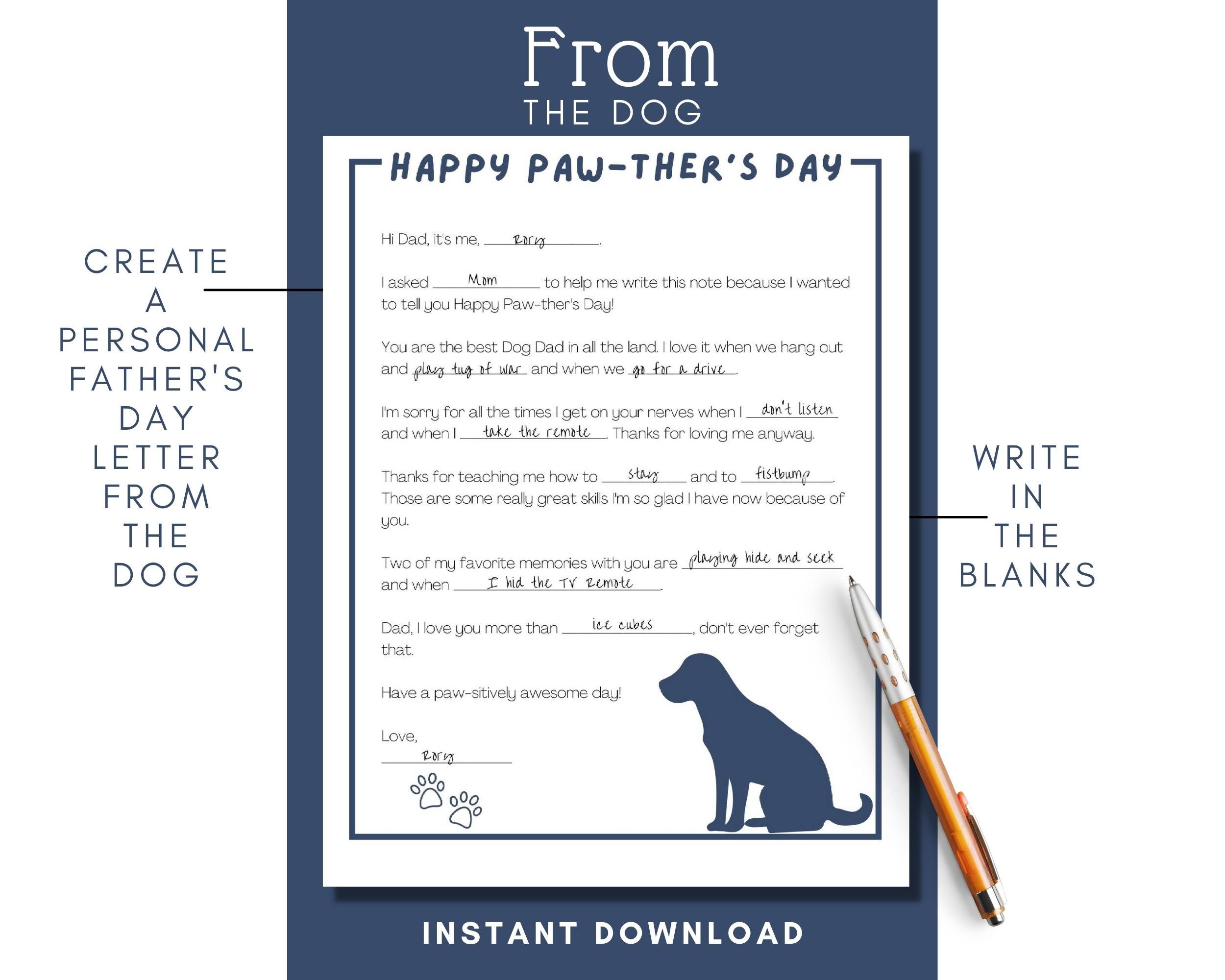 To Dad From Dog | Printable Letter to Dog Dad | Pawther's Day Card From ...