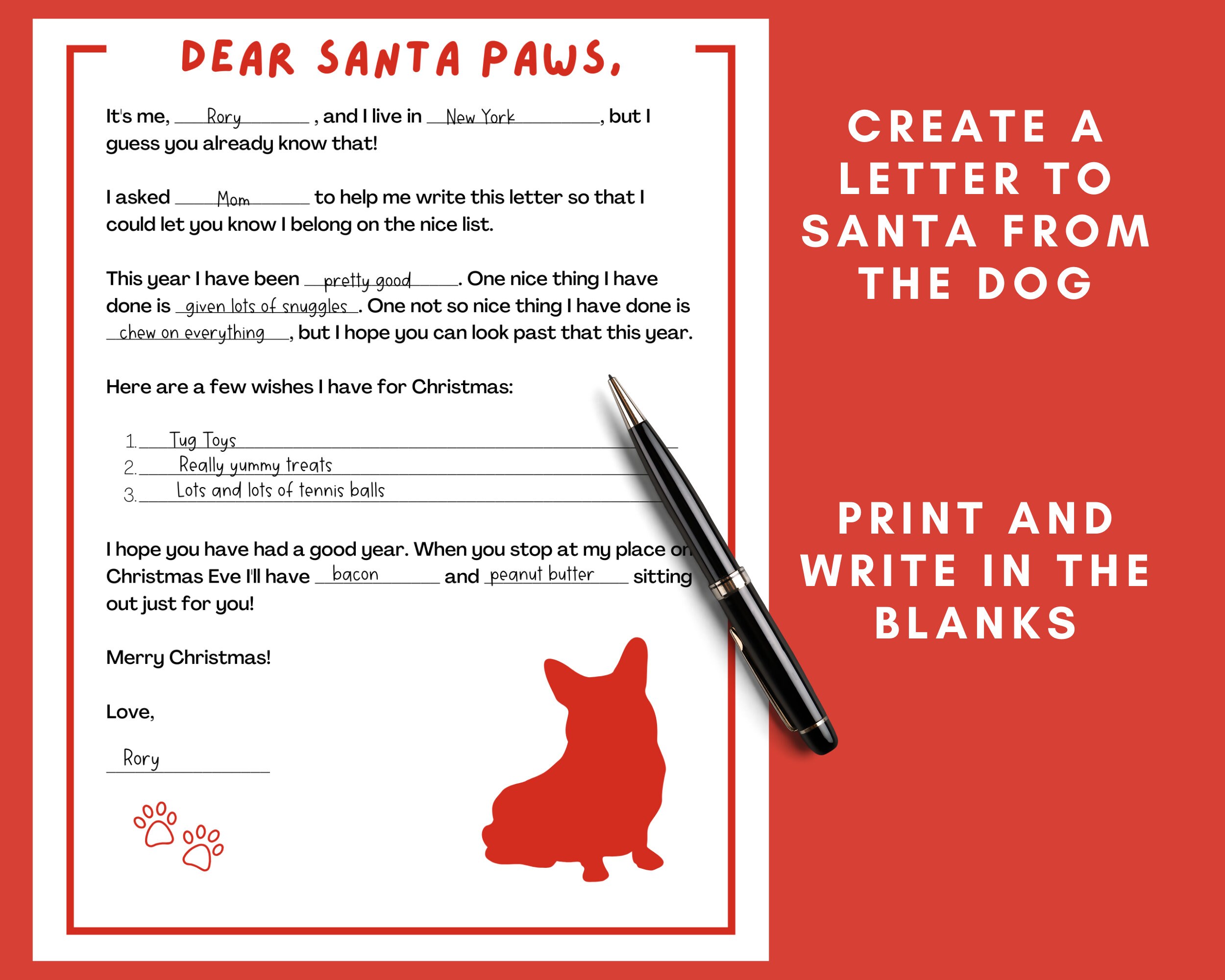 Letter to Santa Paws From Dog Corgi Christmas Keepsake Printable ...