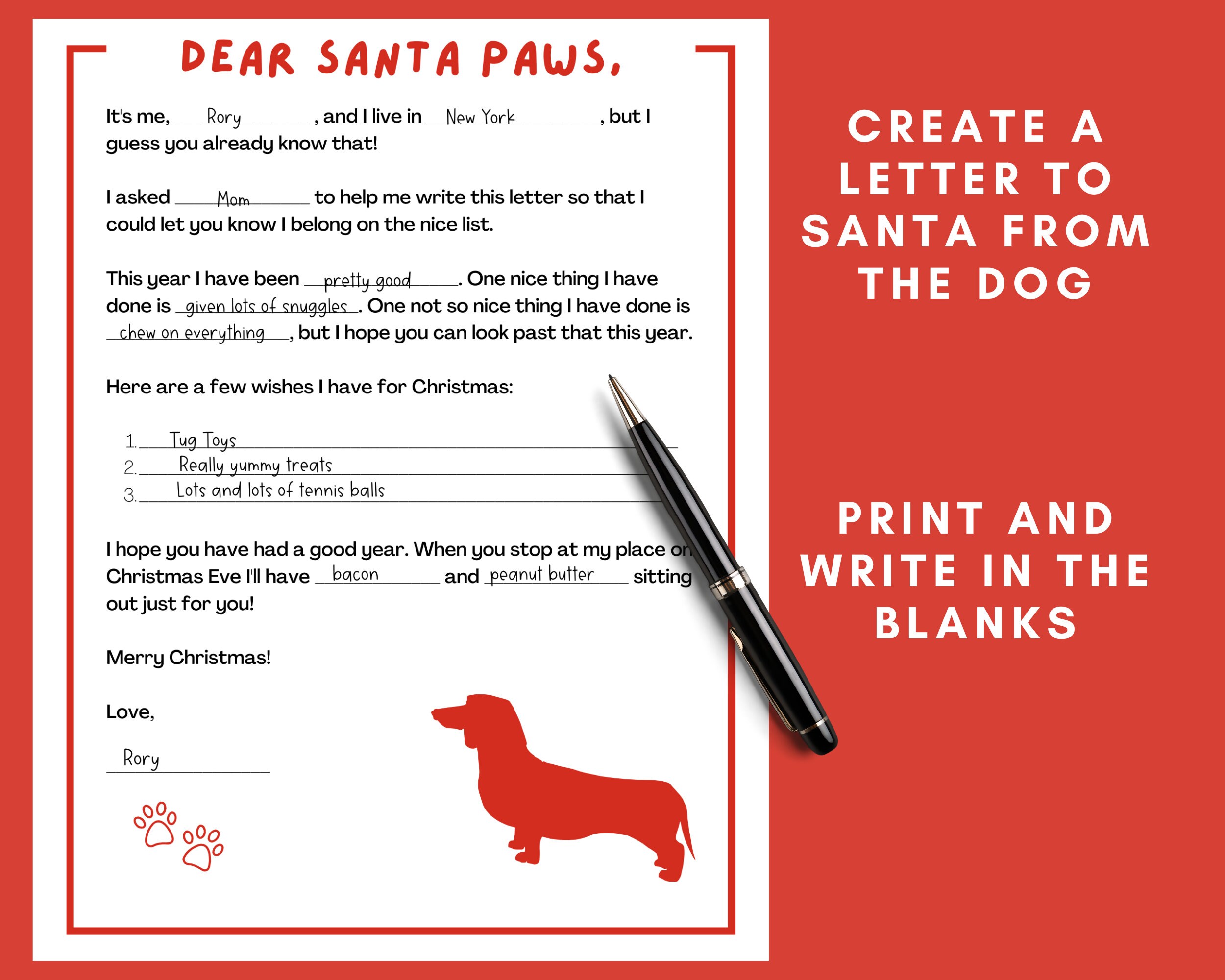 Letter to Santa From Dog Dachshund Christmas Keepsake Printable ...
