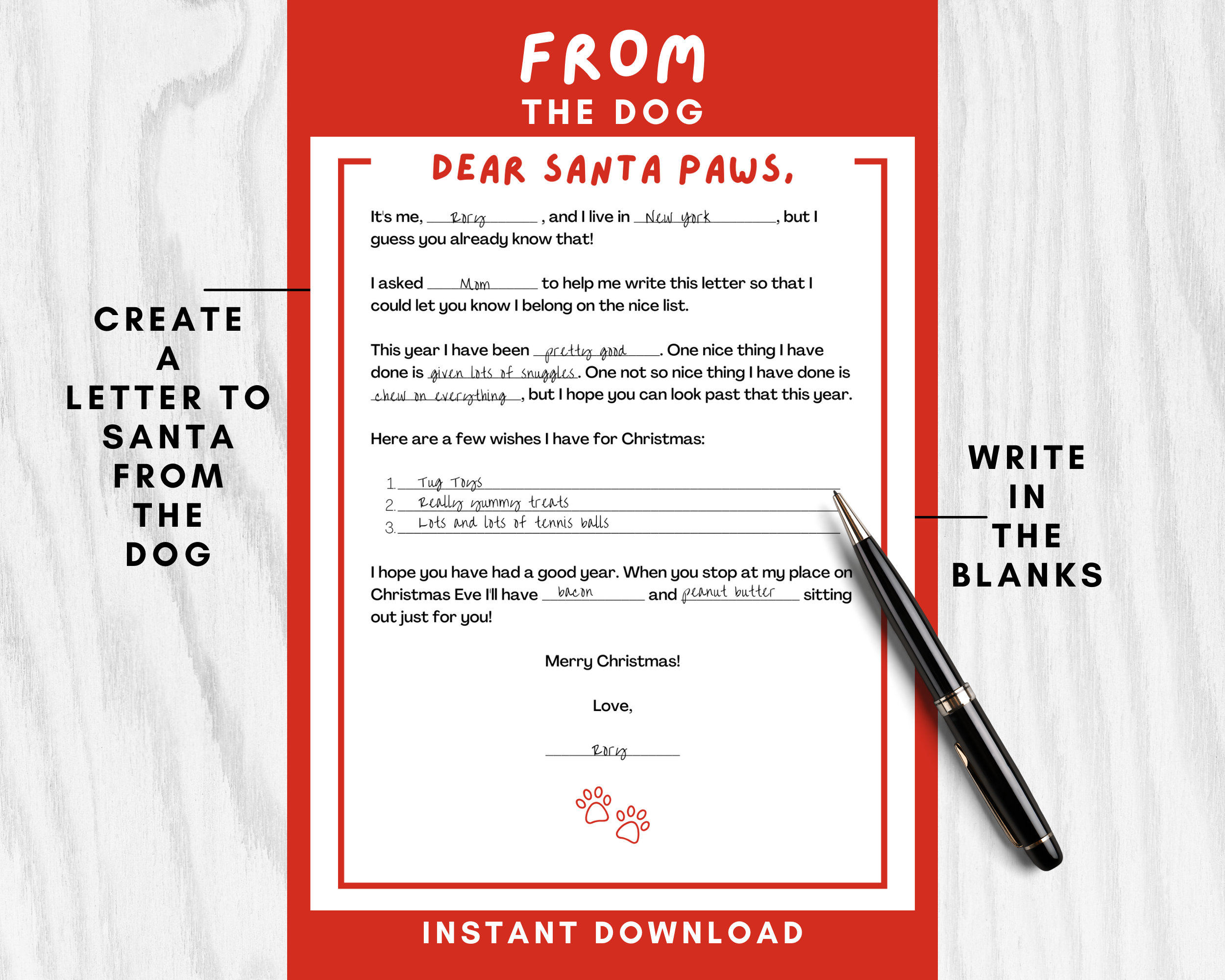 Letter to Santa From Dog; Printable Christmas Wish List to Santa Paws; Christmas Activity for ...