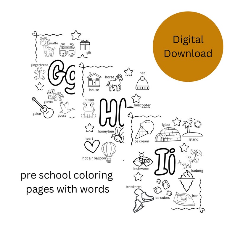 Alphabet Coloring Pages GHI - Preschool Printable (digital Download) - Etsy