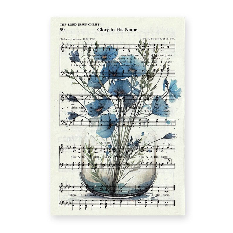 Blue Floral Art Prints - Hymnal Page Art Print Set - Floral Watercolor ...